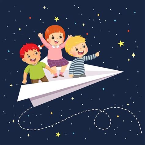 کارتون تصویری از بچه های شاد که روی کتاب در پس زمینه سفید پرواز می کنند