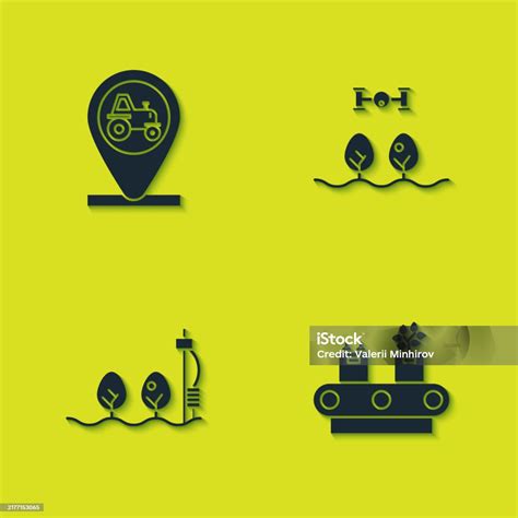 트랙터 및 위치 상자가 있는 컨베이어 벨트 독립형 센서 공장 및 스마트 팜 드론 아이콘을 설정합니다 벡터 검은색에 대한 스톡 벡터 아트 및 기타 이미지 Istock