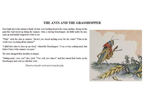 The Ant And The Grasshopper Aesop S Fable Reading Com