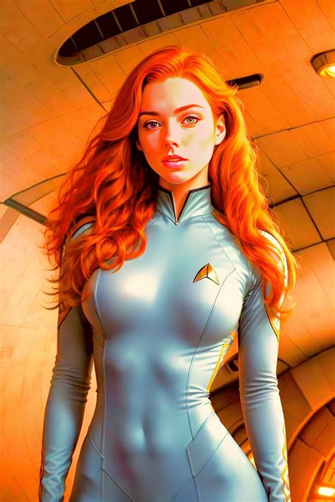 A Painting Of A Woman With Red Hair Wearing A Blue Suit And Posing For