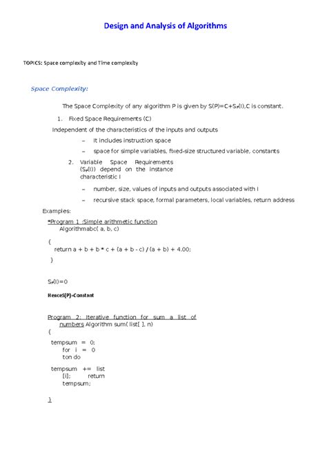 Space Complexity And Time Complexity Fixed Space Requirements C