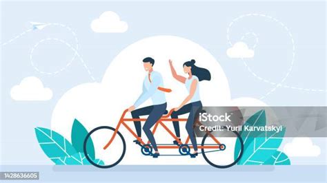 행복한 젊은 남녀 캐릭터 커플이 탠덤 자전거를 타고 쌍둥이 자전거를 타고 행복하게 웃는 커플 가족 협력의 개념 남편과 아내는 목표를 달성합니다 벡터 일러스트 레이 션 두발