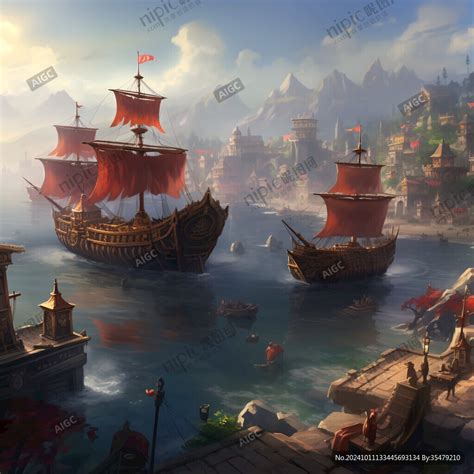 Ai创作图古代码头场景 古代海上战争场景 历史战船场景 古代航海贸易场景 海战场景图 古代民用码头场景 古代武装商船 古代码头货运场景 古代