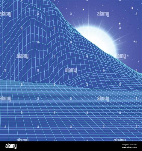 Landscape With Wireframe Grid Of S Styled Retro Computer Game Or Science Background D