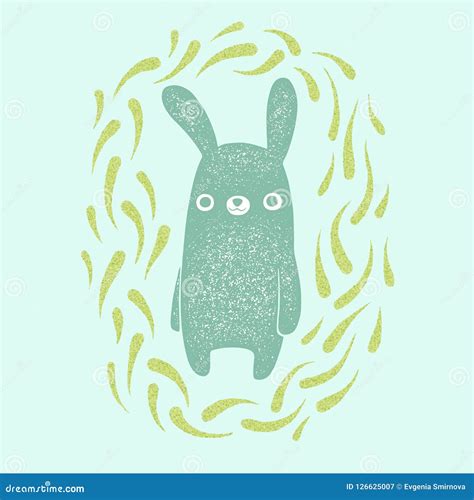 Funny Cartoon Blue Bunny Character Hand Drawn Illustration Stock