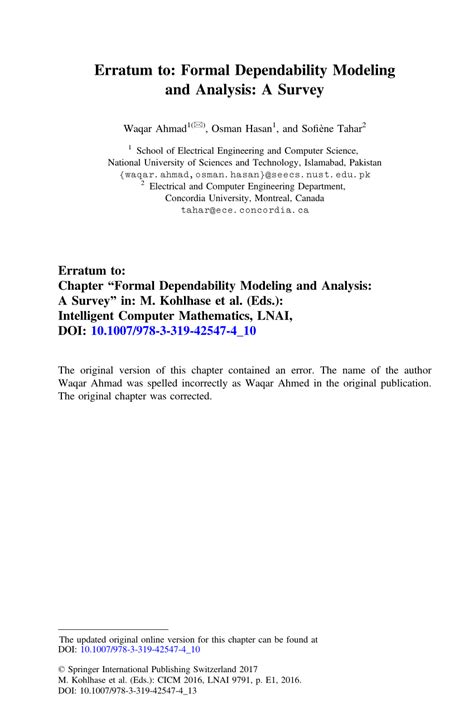 Pdf Erratum To Formal Dependability Modeling And Analysis A Survey