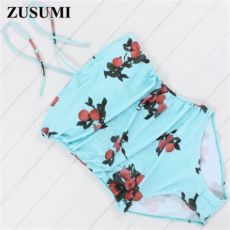 Zusumi Cherry Printed Swimwear One Piece Swimsuit Halter Top Beach Bathing Suit Woman Bodysuit