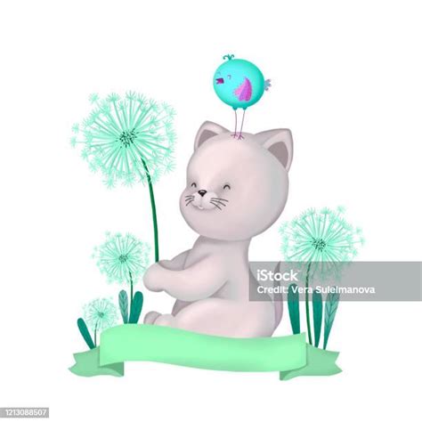 흰색 배경에 귀여운 아이 그림입니다 민들레와 재미 새끼 고양이와 새 녹색 리본 을 가까이 어린이 섬유 의류 및 아기를위한 제품