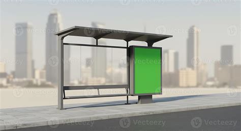 Bus Stop Shelter With Green Advertisement Display In City Background