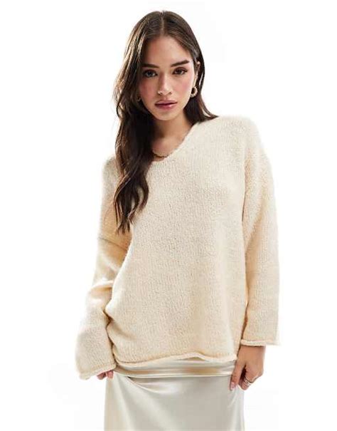 Asos Design Loose Knit V Neck Longline Sweater In Cream Asos