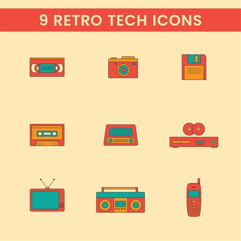 Conjunto De 9 9 Retro Tecnología Sólido De Colores íconos Retro Clásico 90s Años 80 Icono Diseño