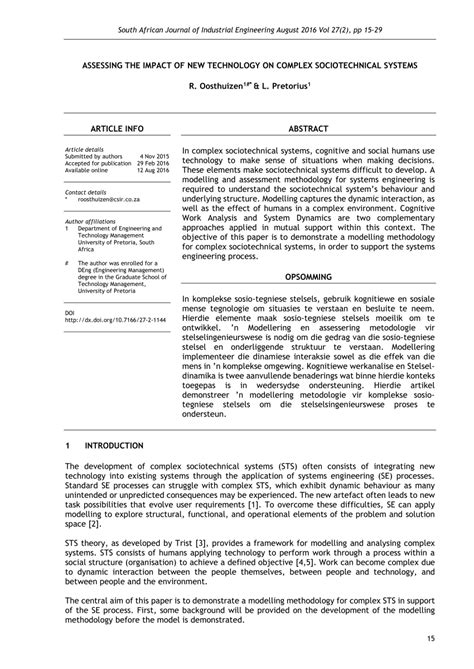PDF Assessing The Impact Of New Technology On Complex Sociotechnical Systems