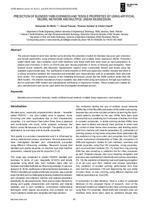pdf prediction of blended yarn evenness and tensile properties by