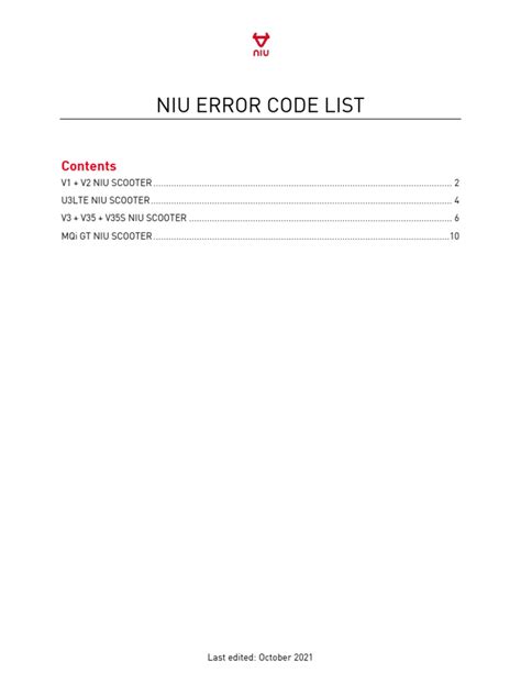 Niu Error Code List 072022 Pdf
