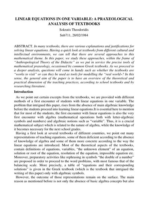 Pdf Linear Equations In One Variable A Praxeological Analysis Of