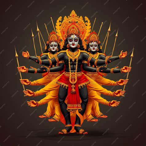 Premium Photo Illustration Of Ravan With His Ten Heads In Standing Pose For Dusseh Generative Ai