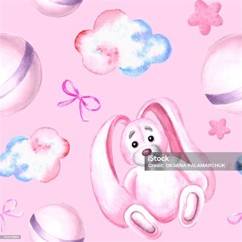 활 별 구름이 있는 분홍색 토끼의 매끄러운 패턴은 다양한 디자인 배경 어린이 생일 파티 직물 및 직물 만들기 포장 포장지를 위한 수채화 손으로 그린 그림입니다 가리기에 대한