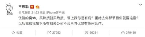 王思聪怒骂优酷买热搜带上自己，并称以后永不与其合作财经头条
