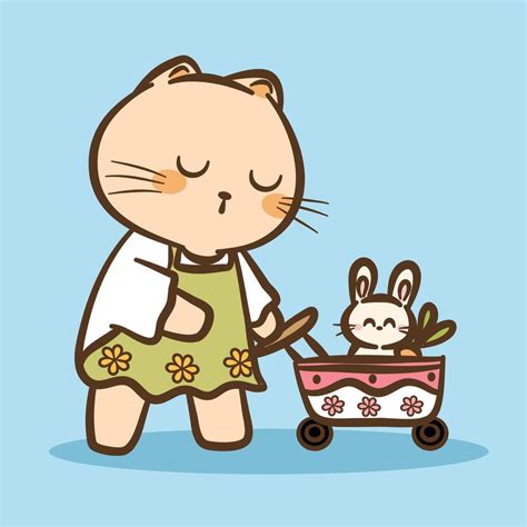 Hand Draw Cute Cat And Rabbit Cartoon Character Vector On Color