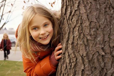 Dos Niñas Jugando Al Escondite Por El árbol En El Parque Foto Premium