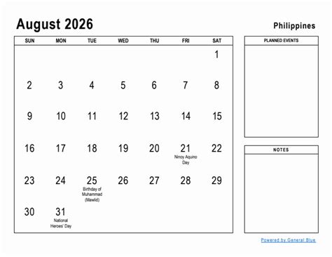 August 2026 Monthly Calendars With Philippines Holidays