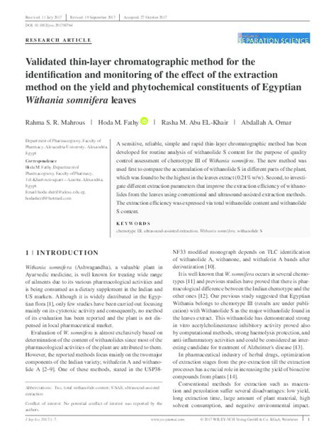 Pdf Validated Thin Layer Chromatographic Method For The Identification And Monitoring Of The