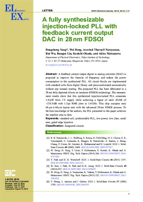 Pdf A Fully Synthesizable Injection Locked Pll With Feedback Current