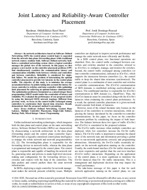 Pdf Joint Latency And Reliability Aware Controller Placement Rasol