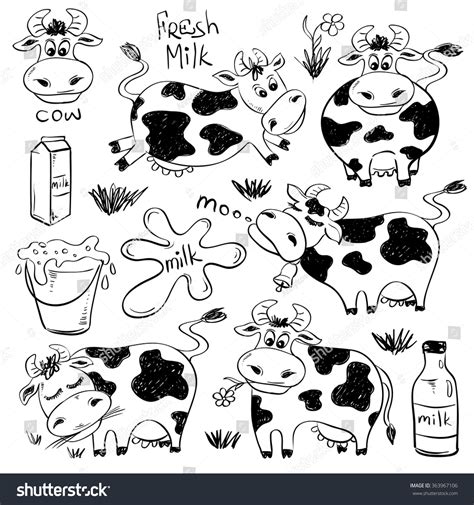 Set Isolated Funny Sketch Cow Milk Stock Vector Royalty Free 363967106