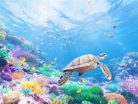 色鮮やかなサンゴと海亀の海中｜イラスト・フリー素材なら「シンテリ」