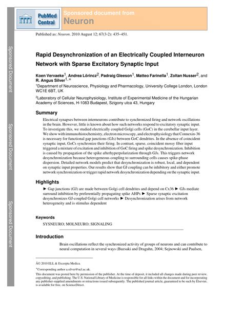 Pdf Rapid Desynchronization Of An Electrically Coupled Interneuron Network With Sparse