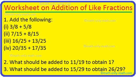 Worksheet On Addition Of Like Fractions Addition Of Fractions