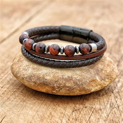 Badu Bg Изящни кожени гривни Мъжки многослойни плетени мъниста от неръждаема стомана Гривни