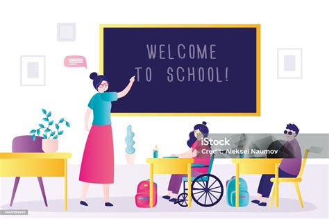 수업에 칠판을 쓰는 여성 교사 학교에 오신 것을 환영합니다 다른 장애를 가진 똑똑한 아이들은 학교에서 공부합니다 가구가 있는
