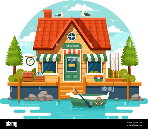 Fishing Store Vector Illustration With Selling Various Fishery