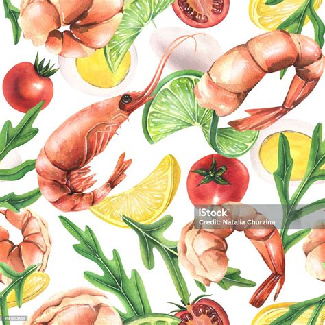 Arugula 레몬 석회 체리 토마토 계란과 함께 다양한 삶은 새우 수채화 그림입니다 Shrimp 컬렉션의 흰색 배경에 매끄러운 패턴 디자인과 디자인을 위해 갑각류에 대한