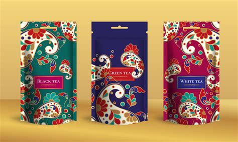 지퍼 파우치 백 모형을 사용한 차 포장 디자인 벡터 장식 템플릿입니다 우아하고 고전적인 요소 음식 음료 및 기타 패키지 유형에 적합합니다 배경 과 벽지에 사용할 수 있습니다