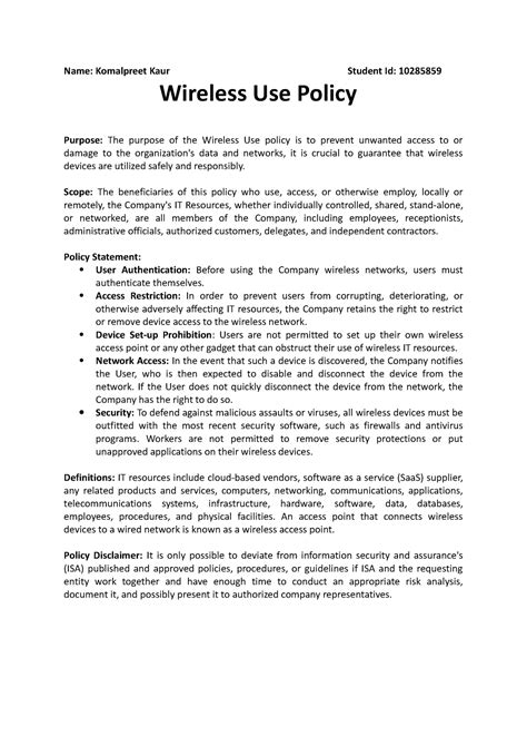Wireless Use Policy Goog Documentstion Name Komalpreet Kaur