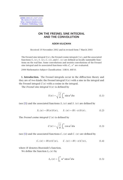 Pdf On The Fresnel Sine Integral And The Convolution