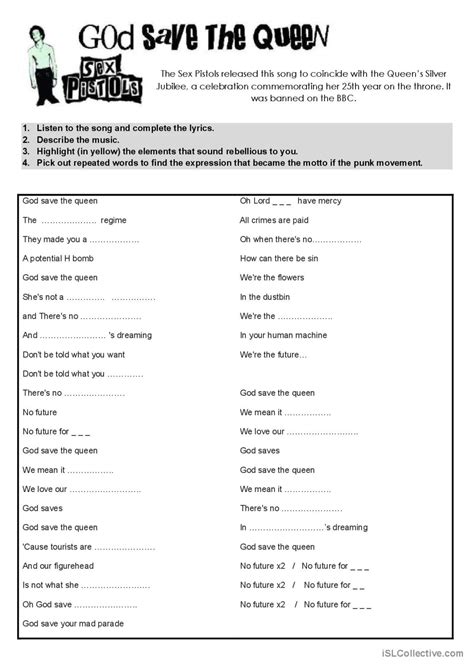 Sex Pistols Song And Nursery Rhym English Esl Worksheets Pdf And Doc