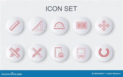 Set Line Laurel Wreath Crossed Ruler And Pencil Protractor Grid Bus Ruler Triangular And