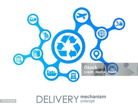 배달 메커니즘 개념입니다 연결 된 기어와 물류 서비스 전략 운송 유통 교통 시장 아이콘 추상 배경 개념 통신 합니다 인터랙티브 벡터입니다 기계류에 대한 스톡 벡터 아트 및