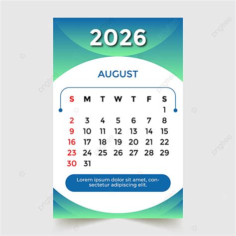 Monthly Calendar August Month 2026 Vector Template Download On Pngtree