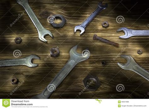Old Rusty Metallic Spanners On Wooden Table Stock Photo Image Of Bolt Iron 69331988