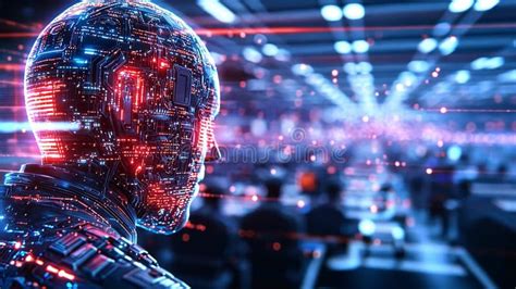 Exploring The Fusion Of Ai Technology And Human Interaction In A Futuristic Setting Stock