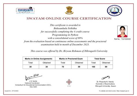 Python Programming Certification Swayam Learning Achievement