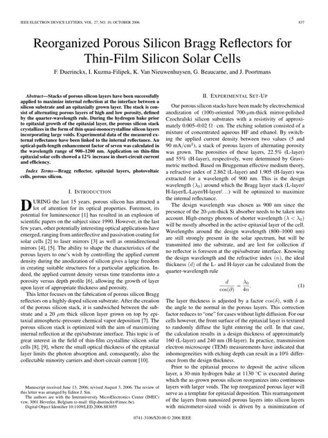 Pdf Reorganized Porous Silicon Bragg Reflectors For Thin Film Silicon Solar Cells