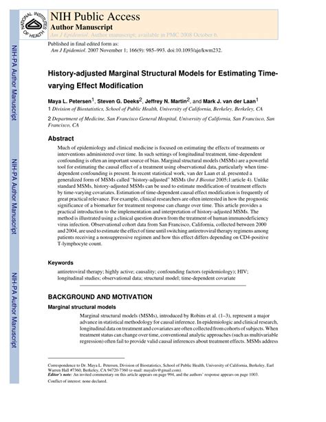 Pdf History Adjusted Marginal Structural Models For Estimating Time Varying Effect Modification