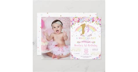 Unicorn 1st Birthday Invitation Floral Rainbow Zazzle