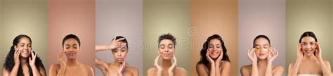 Diverse Women Applying Gold Under Eye Patches For Skin Care Stock Image